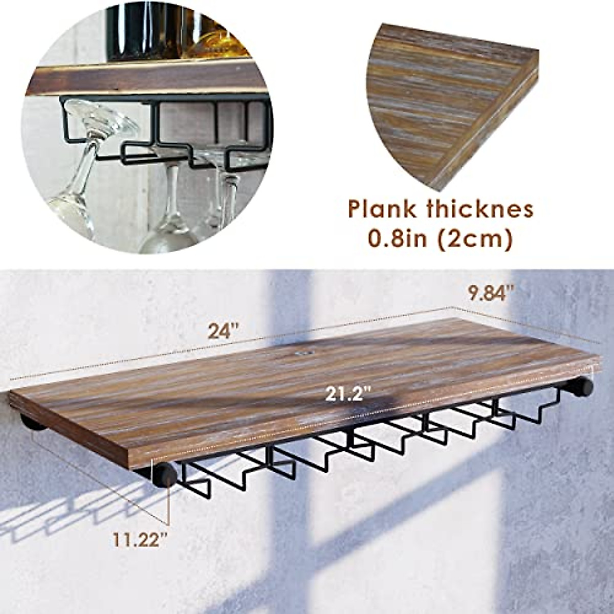 GWH Industrial Wine Rack Wall Mounted - (1 Tier - 24in), Easy to Install, Hanging Wine Rack, 100% Pine Solid Wood, Durable Steel