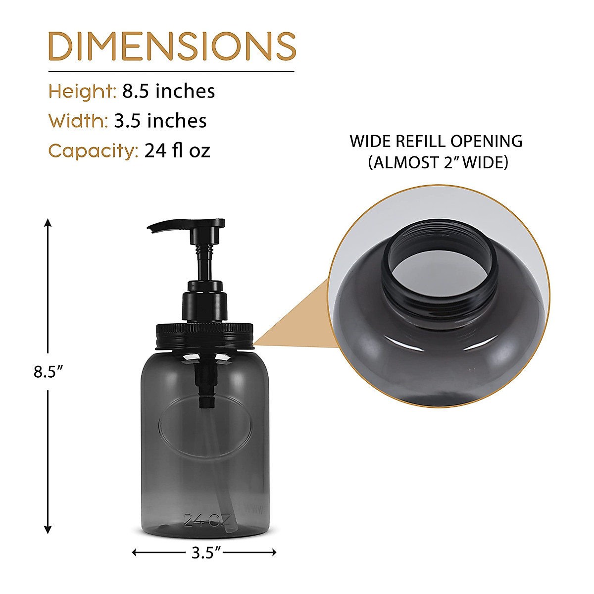 Bottiful Home-24 oz Plastic Refillable Wide-Mouth Jar Style Pump Bottle Dispenser Set of 4 for Shampoo, Conditioner, Wash, Soap, Lotion, Dish Soap, Sanitizer, Detergent (Gray)