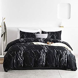 YERVEN Black Marble Duvet Cover Queen Comforter Cover Set Full 90"x90" Duvet Cover with 2 Pillow Shams Microfiber Soft Lightweight Hotel 3 Pieces White Bedding Set