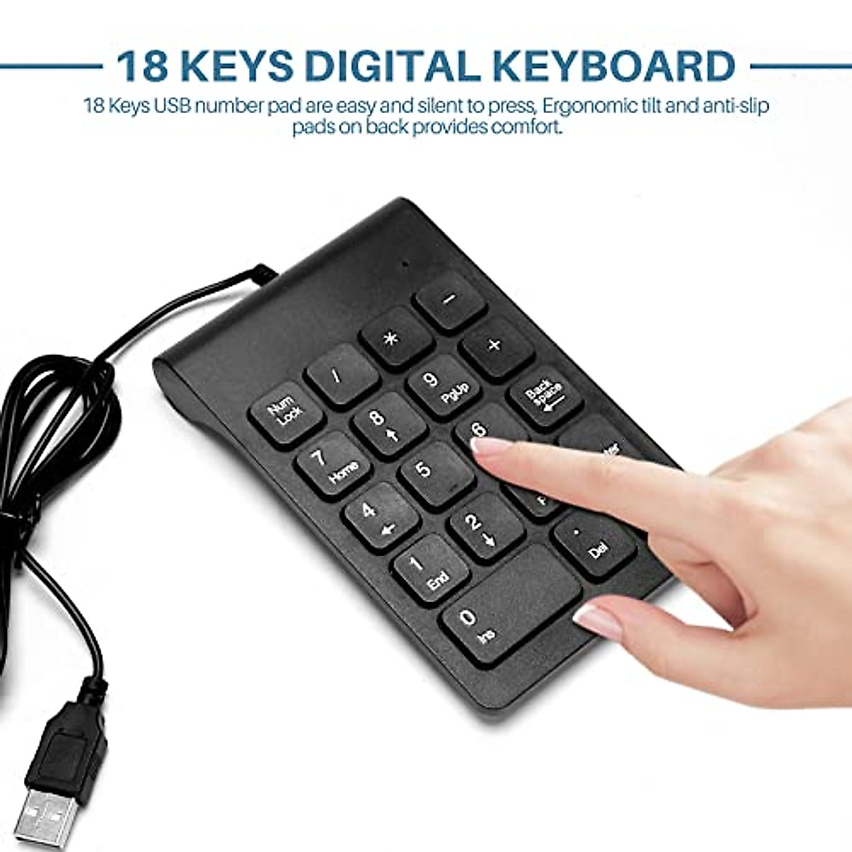 Spacesea USB Wired Numeric Keypad Numpad 18 Keys Digital Keyboard for Accounting Teller Laptop Windows Android Notebook Tablets PC (Black)