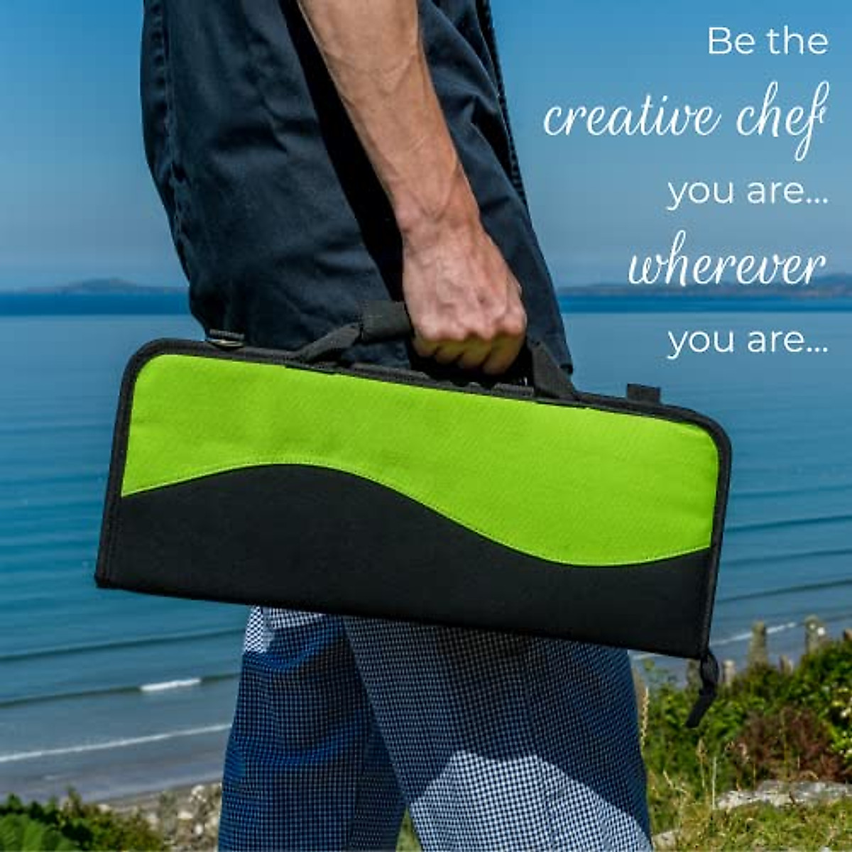 Knife Bag Canvas Chef Knife Roll Case -16 Pocket Knife & Kitchen Utensils Holder + Honing Steel Rod + Precision Drawing Spoons - Portable Storage for Travel Camping Culinary Student - Shoulder Strap