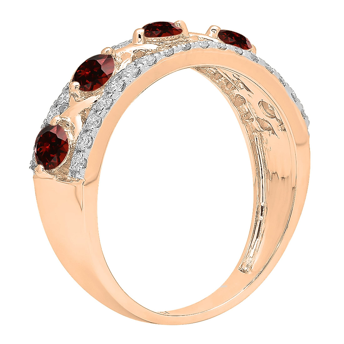 Dazzlingrock Collection Round Garnet & White Diamond 5 Stone Criss-Cross Style Wedding Ring for Women in 14K Rose Gold, Size 5