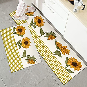 HJJKKH Sunflower Kitchen Rugs Set of 2pcs Anti Fatigue Mat,Waterproof Non Slip Sunflower Kitchen Mats Set for Kitchen Floor,Spring Summer Decorative Rugs for Home Kitchen (17x29.5+17x47.3 inche)