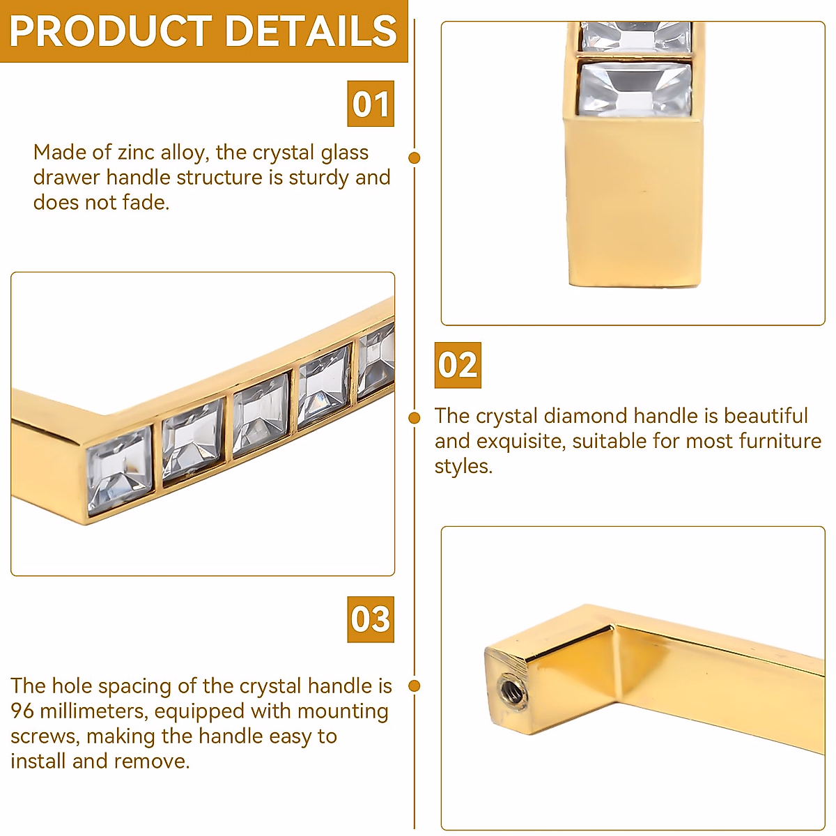 Gold Crystal Handles, Clear Crystal Cabinet Pull Bling Door Knobs Double Hole Cupboard Handles for Wardrobe, Kitchen, Bedroom