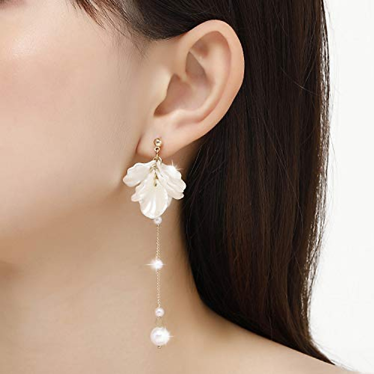 KRUCKEL White Pressed Flower Dangle Earrings | Golden Studs with Pearl like Drops | Hypoallergenic, Lightweight Jewelry for Women | Sparkle at Birthday, Anniversary, Graduation, Wedding