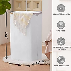 100L Large Laundry Hamper Basket with Lid by YOUDENOVA, Tall Clothes Hamper with Handle, Waterproof and Collapsible Storage Basket for Bedroom and Bathroom, White(16"L 13"W 28"H)