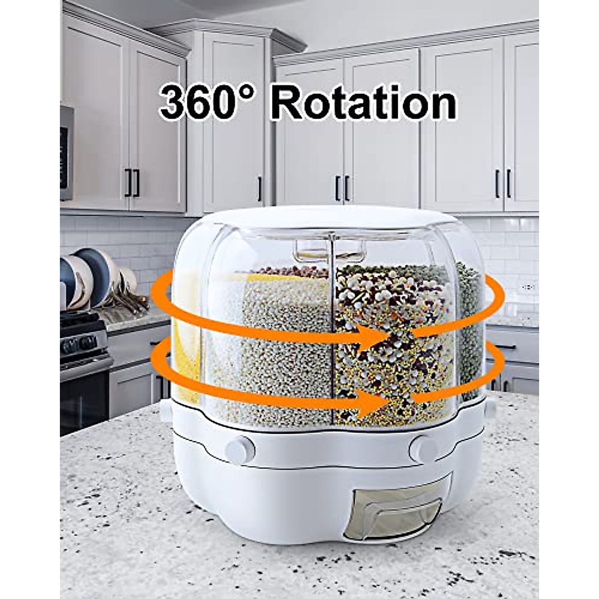 WOWFUNNY Grain Dispenser, 7.2 Qt Rotating Rice Dispenser Storage Container, 6-Compartment Dry Food Dispenser with Measuring Cup, Food Storage Containers for Kitchen Small Grains, Beans, Rice (7.2Qt)