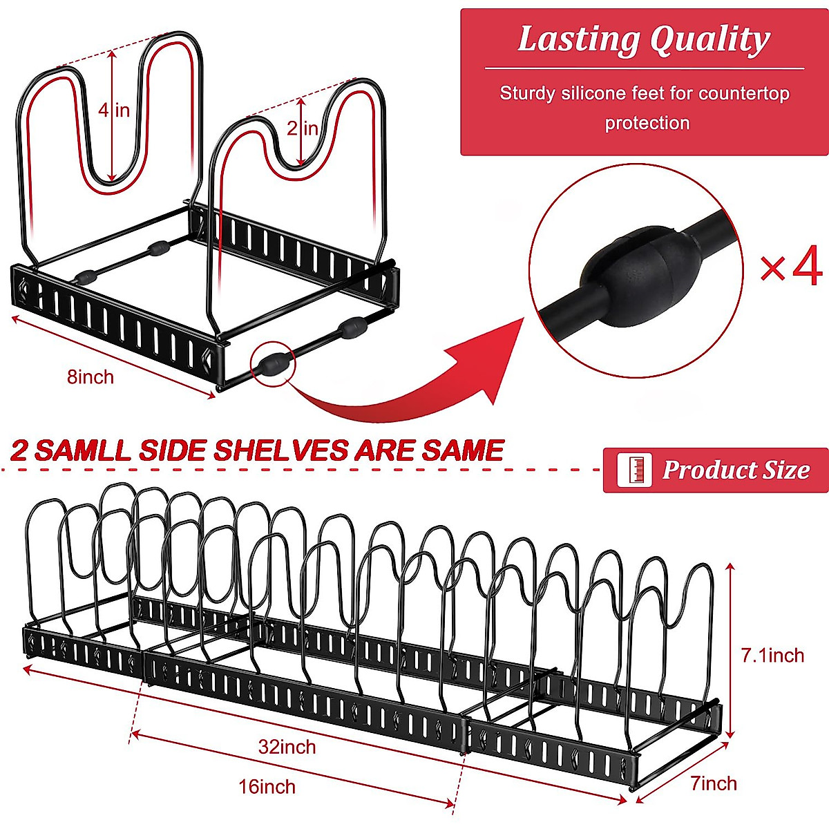 X-cosrack 15 Dividers Pot Pan Lid Rack Bakeware Cupboard Organizer, Expandable, Black