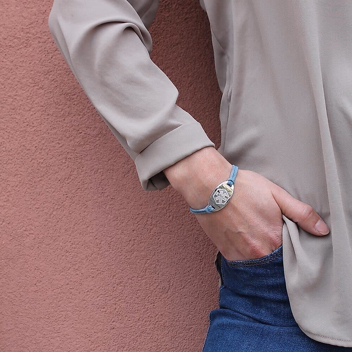 Sterling Silver Mingle on Slate Suede Medical ID Bracelet… (Red, stainless-steel)