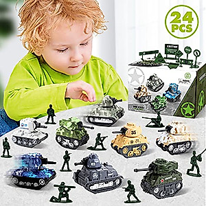 Pull Back Military Vehicles Tank Toys for Boys, 8 Pull Back Toy Army Tanks with Army Men Military Road Sign, Small Diecast Tanks Military Toy Army Car Truck Toys Gift for Kids Age 3 4 5 Years Old