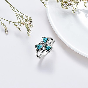 BETHZA Clover Turquoise Ring 925 Sterling Silver Natural Turquoise Flower Ring 3 Heart Shape Stone Boho Lucky Ring Gift for Women US Size 7