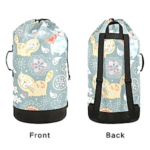 QwThum Laundry Bag Backpack,Travel Laundry Bags with Shoulder Straps Oxford Large Hanging Laundry Hamper Bag for College,Laundromat,Apartment Cute Cat