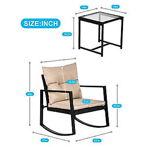 Dkeli Outdoor Rocking Chairs 3 Pieces Pe Wicker Bistro Sets with Glass Coffee Table Front Porch Furniture Rocking Chairs Set of 2 for Backyard Porch Balcony Lawn, Beige Cushion