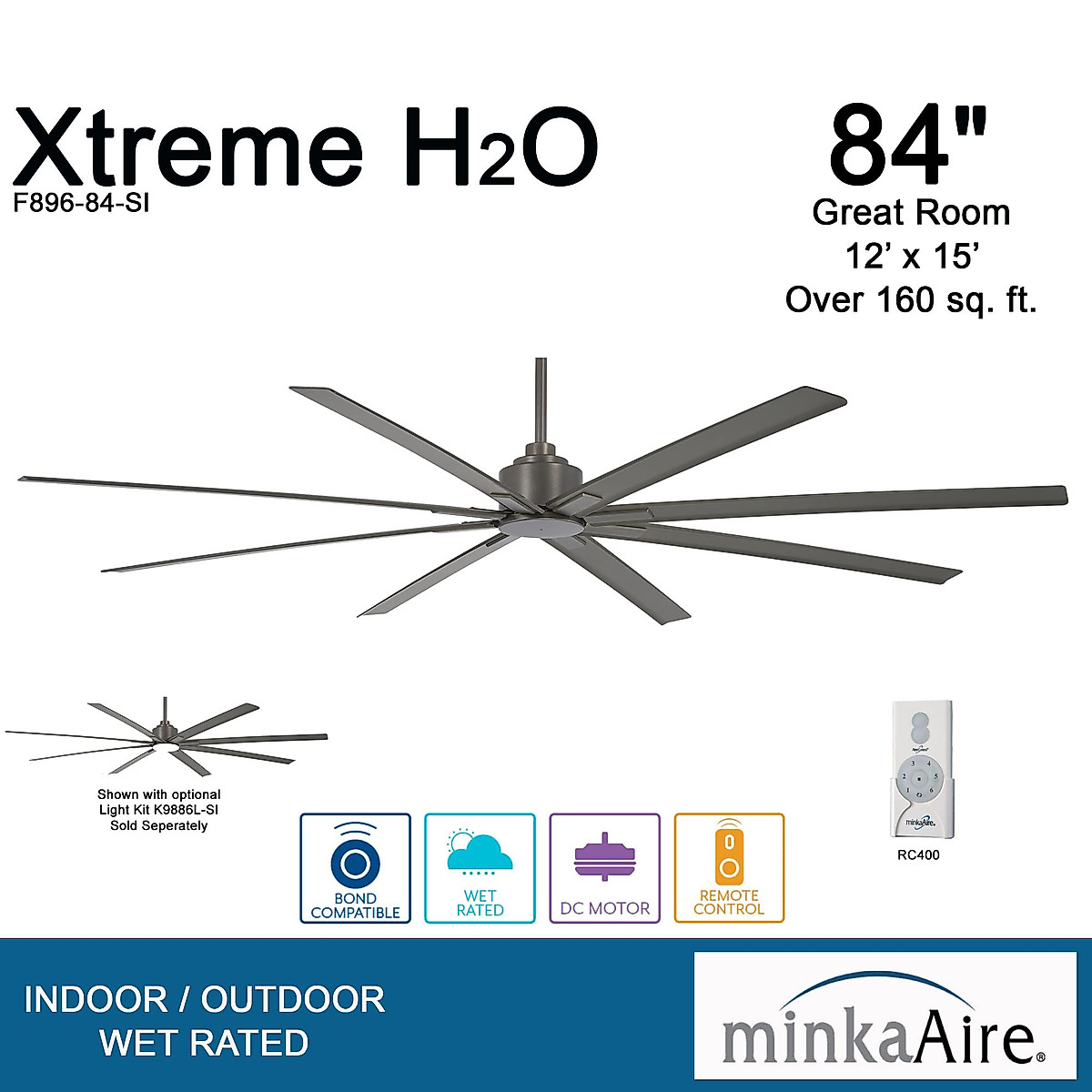 MINKA-AIRE F896-84-SI Xtreme H2O 84 Inch Outdoor Ceiling Fan with DC Motor, Gray Smoked Iron Finish