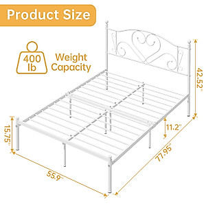 Weehom Full Size Bed Frame with Headboard, Heavy Duty Steel Slat Support Platform Under Bed Storage Space No Box Spring Needed, White