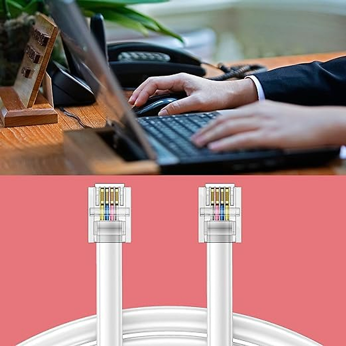 Vthahaby 50 Feet Long Telephone Extension Cord Phone Cable Line Wire, with Standard RJ11 Plug and 1 in-Line Couplers and 15 Cable Clip Holders-White (White 15M)