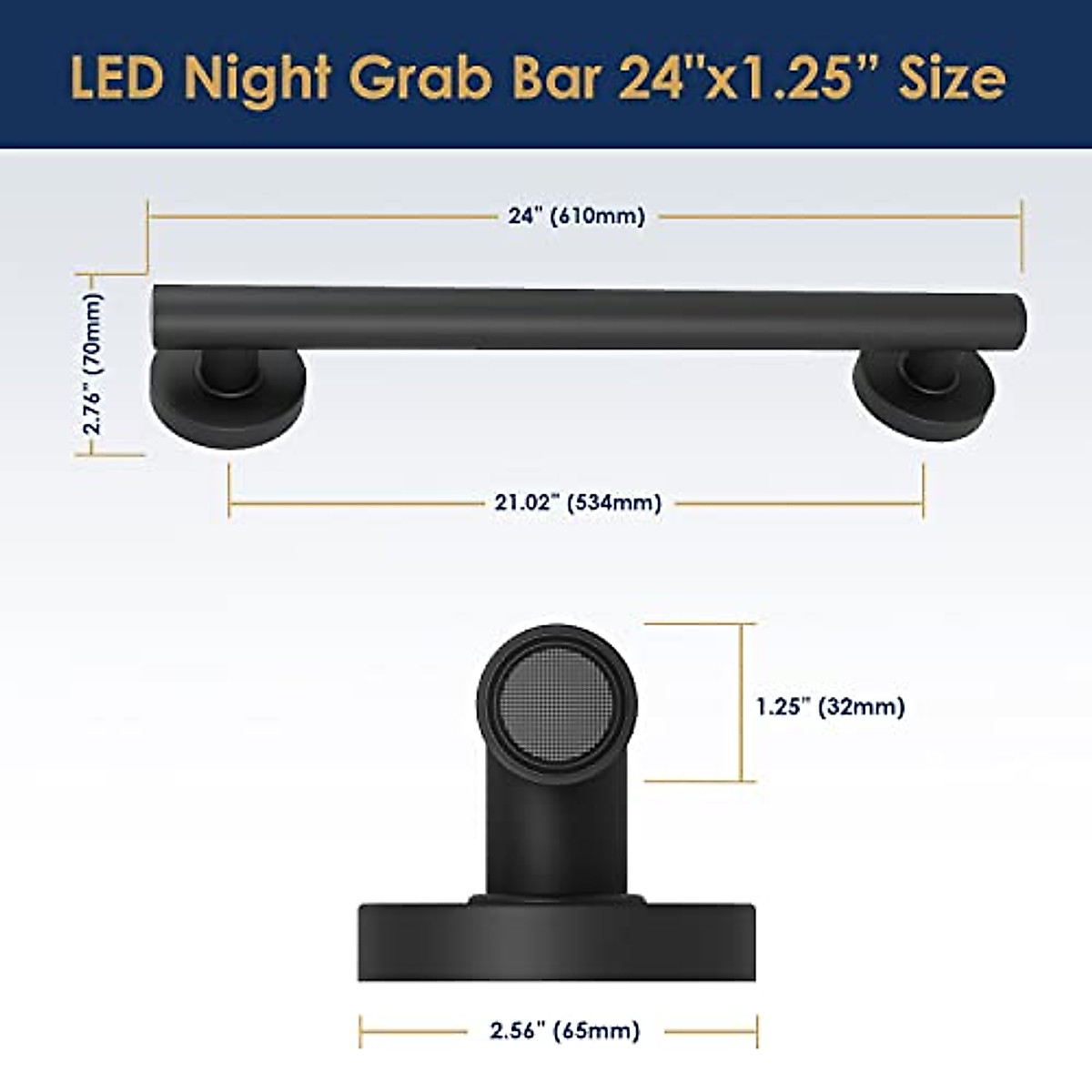 evekare 24 Inch Innovative Grab Bars for Bathtubs and Showers | with Integrated LED Night Light | Grab Bars for Elderly and Disabled | 1.25 Inch Diameter Stainless Steel in Matte Black