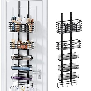 Consmest 6-Tier Hair Tool Organizer - Hair Dryer Holder Over The Door/Wall Mounted DIY Adjustable Shelf Bathroom Hair Styling Tool Organizer with Hook for Curling Iron/Blow Dryer/Straightener Black
