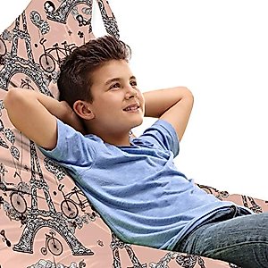 Ambesonne Eiffel Lounger Chair Bag, Retro Bicycles Coffee Heart Balloons French Landmark Swirls, High Capacity Storage with Handle Container, Lounger Size, Pale Salmon Black White