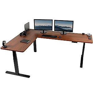 VIVO Electric Height Adjustable 83 x 60 inch Corner Stand Up Desk, 2 Dark Walnut Solid Table Tops, Black Frame, Memory Controller, L-Shaped Workstation, 3E Series, DESK-KIT-3E8D
