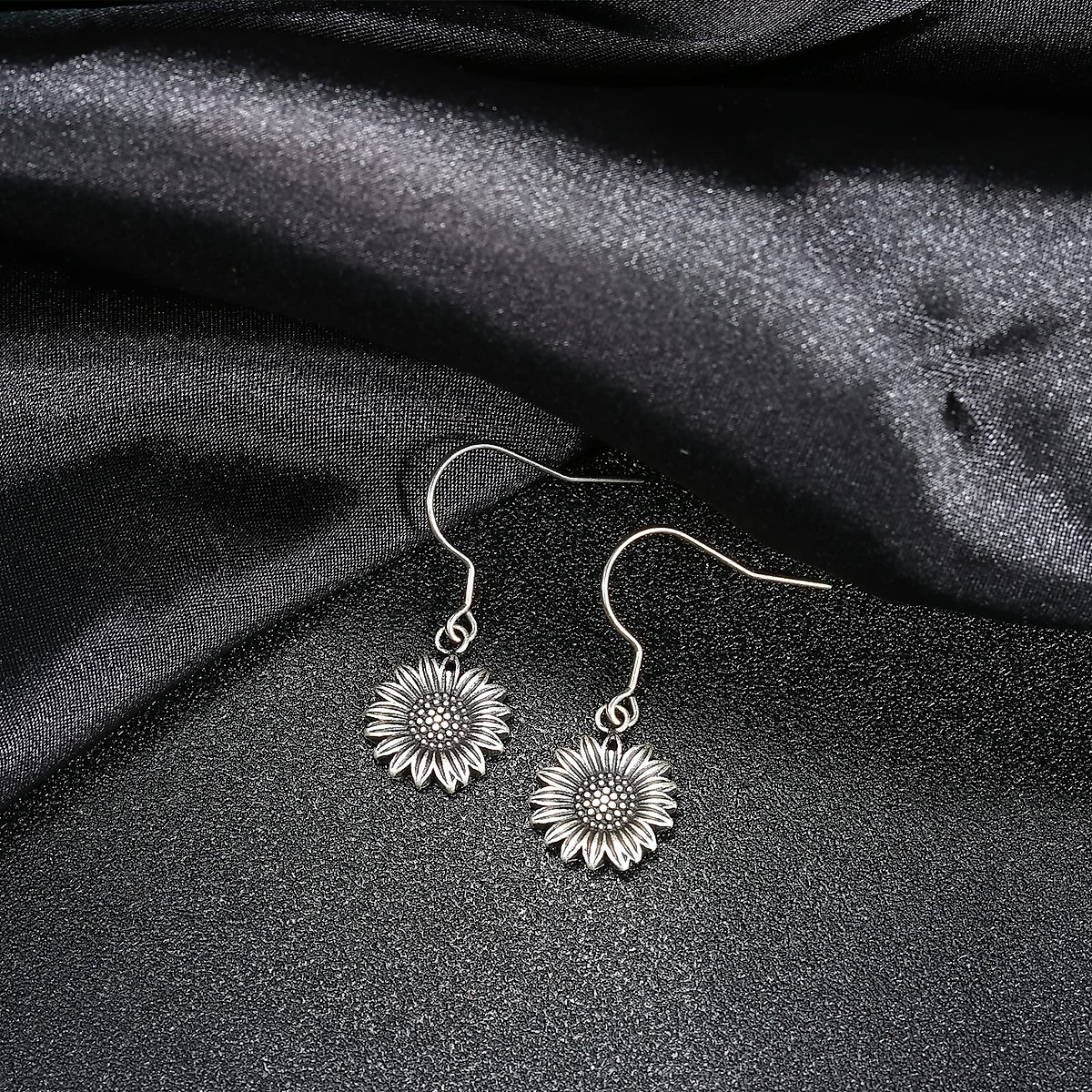 Titanium Vintage Sunflower Drop Earrings For Women, Stainless Steel Flower Dangle Earrings Charms, Pure Titanium Hook Hypoallergenic For Sensitive Ear