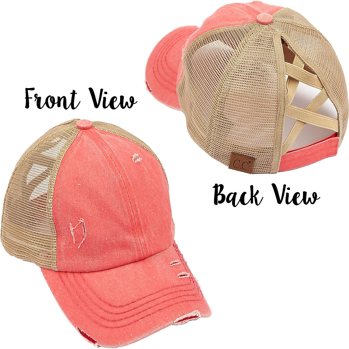 Funky Junque Ponytail Messy Bun Trucker Ponycap (Mesh - Coral w/Criss Cross Back)