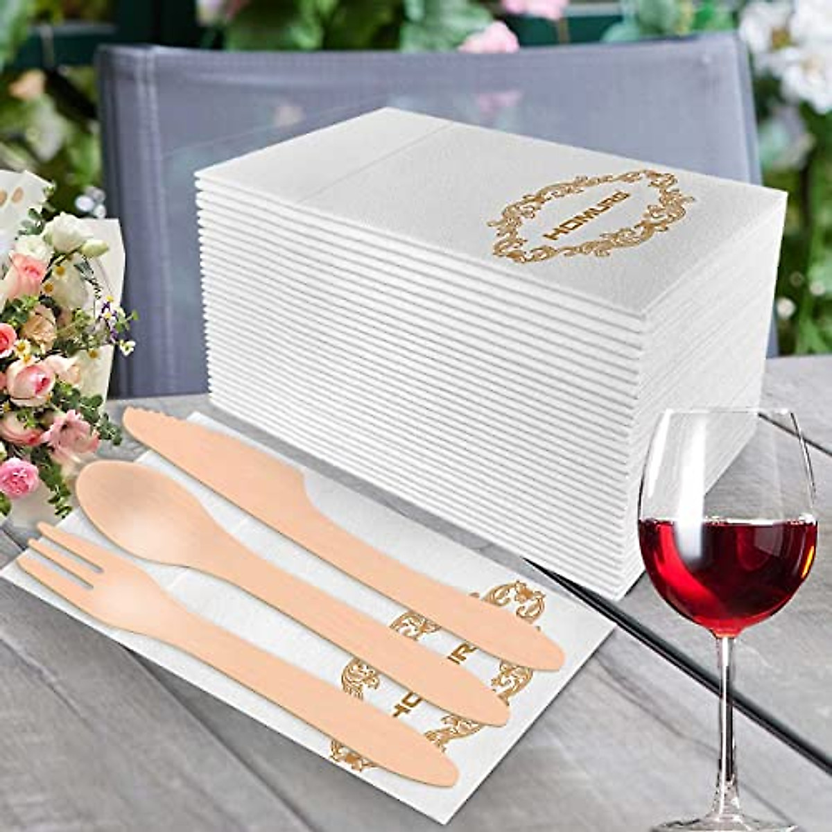 HOMURG Luxury Folded Paper Napkins with Wooden Silverware Bulk for 100 Guests, White Pocket Napkin Serviette and Wood Cutlery, Wedding Birthday Christmas Party Guest Towels & Flatware Set 300 Utensils