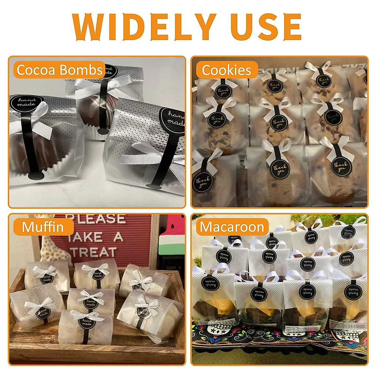 YunKo Cookie Bags for Gift Giving Cellophane Clear Treat Bags for Favors Mini Loaf, Bundt Cake, Hot Cocoa Bomb Packaging With Stickers(100PACK, Translucent)