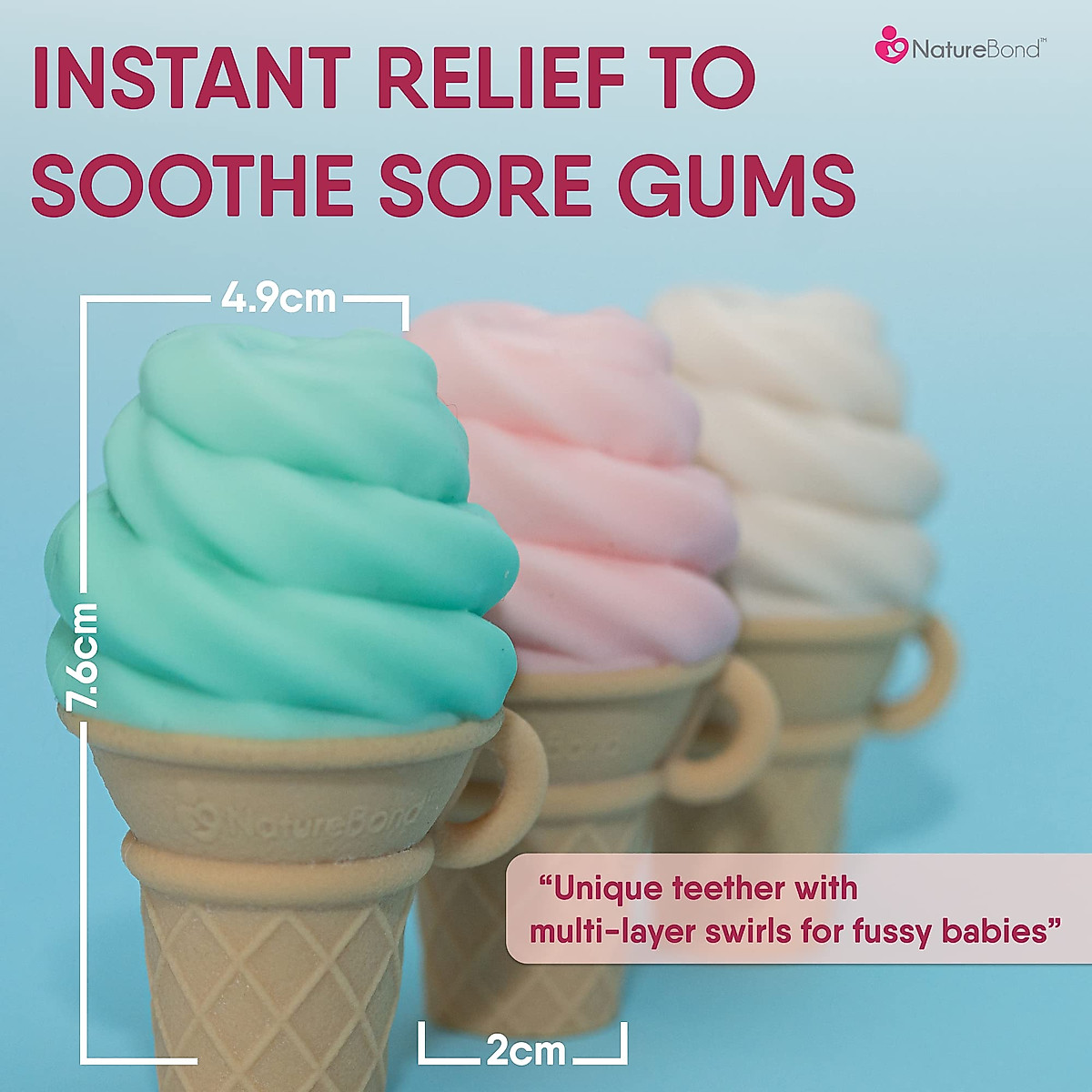 Naturebond Teething Toys - BPA Free Ice Cream Baby Teethers for Babies 0-6 Months, 6-12 Months, Must Have for Baby Teething Relief, Baby Toys 0-6 Months with Free Silicone Sling Pacifier Holder Clip