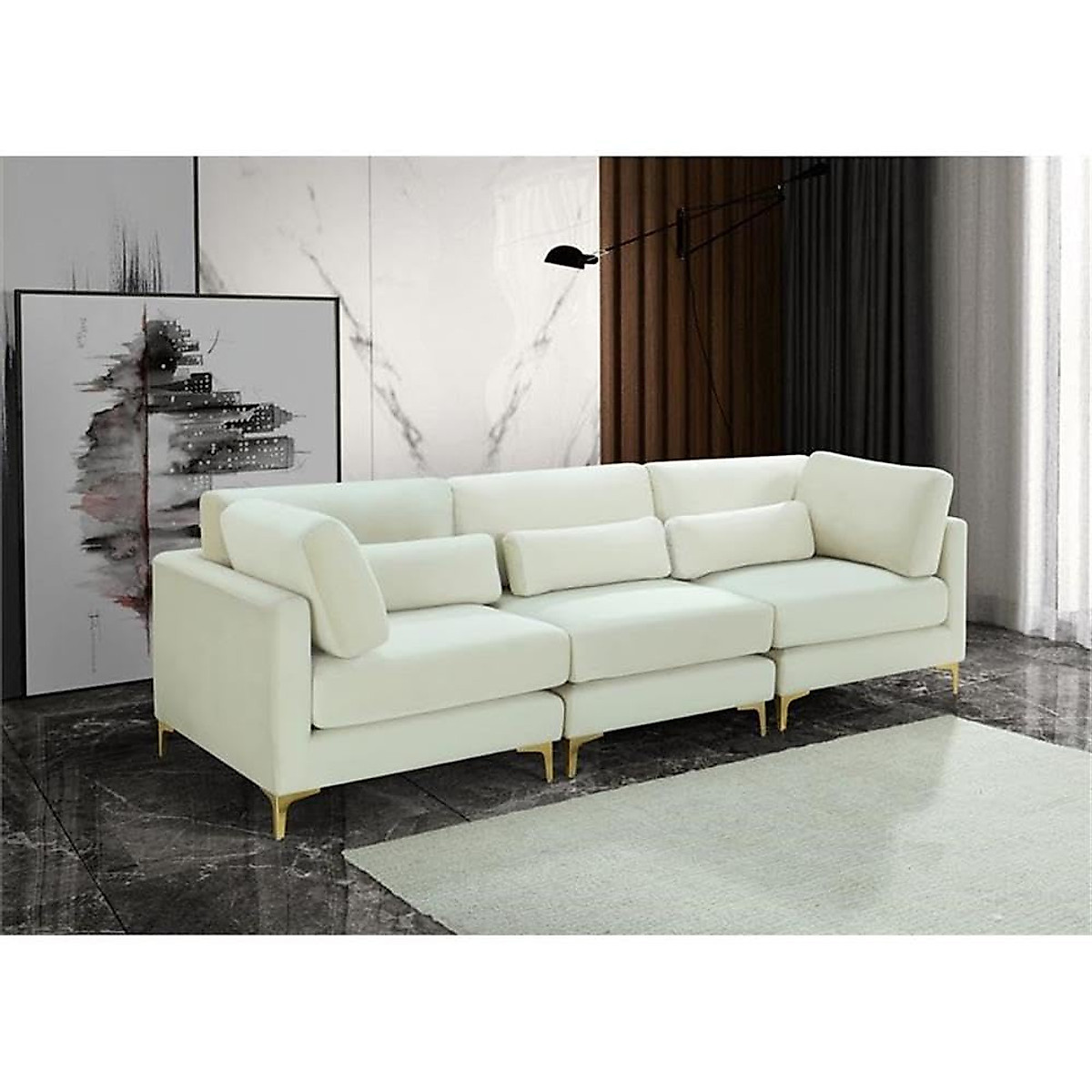 Meridian Furniture 605Cream-S108 Julia Collection Modern | Contemporary Velvet Upholstered Modular Sofa with Complete Sets of Gold and Chrome Legs Included, Cream, 108" Wide