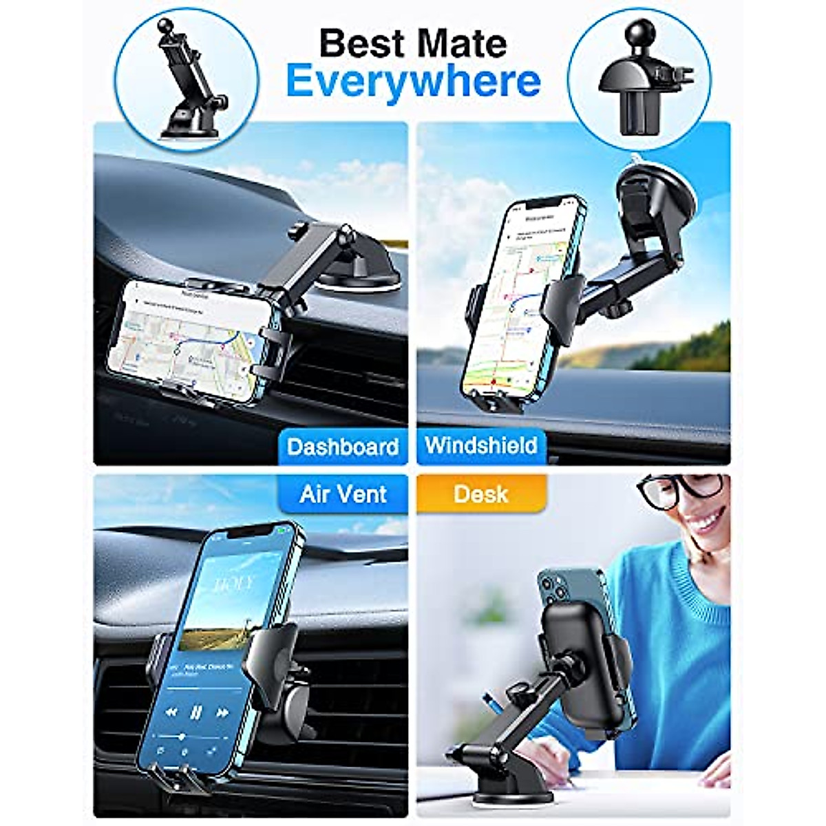 VANMASS [Upgraded] Car Phone Mount, [Strong Suction & Military-Grade] Cell Phone Holder Car Dashboard Windshield Air Vent, Handsfree Dash Stand for Universal iPhone 14 13 12 11 Pro XS Max 8 Samsung