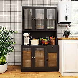 69'' Kitchen Pantry Storage Cabinet, Freestanding Pantry Cabinet with Cupboard and Microwave Stand, Black Buffet Cabinet with 6-Doors and Drawer, Modern Cupboard Hutch for Home Kitchen (Black)