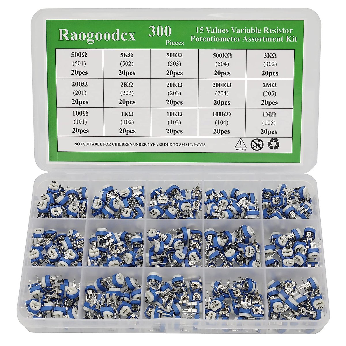 300Pcs 15 Value 100 ohm- 2M ohm Trimpot Variable Resistor 6mm Potentiometer Assortment Kit