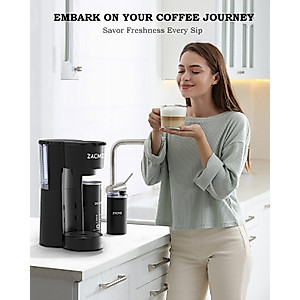 ZACME 4IN1 Single Serve Coffee Maker for K Cup &Ground, Small Coffee Machine with Milk Frother & Grinder, 5 Brew Size, 28oz Water Tank, Adjustable Drip Tray