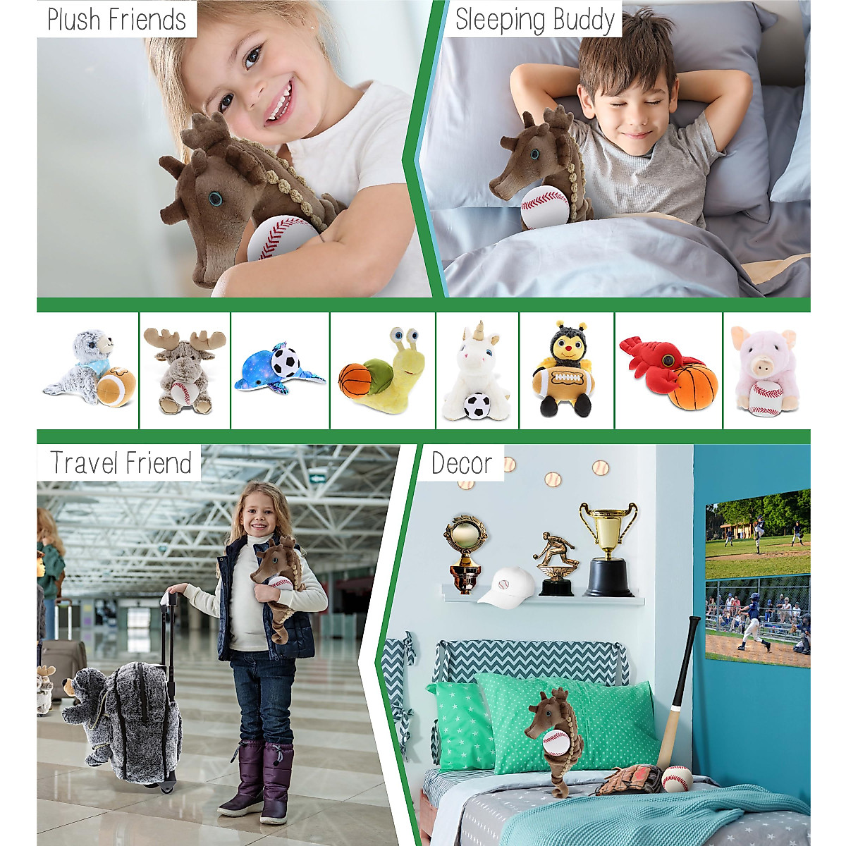 DolliBu Seahorse Stuffed Animal with Baseball Plush - Soft Huggable Seahorse, Adorable Playtime Seahorse Plush Toy, Cute Ocean Life Gift for Kids and Adults - 12 Inches