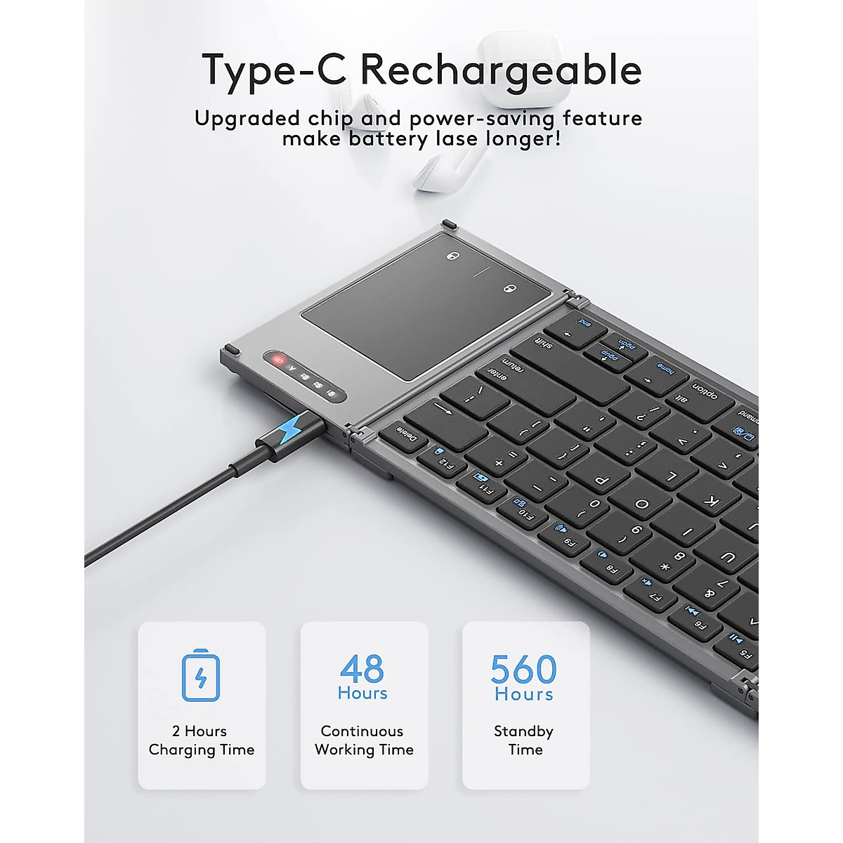 Samsers Foldable Bluetooth Keyboard with Touchpad, Full-Size Wireless Folding Holder, Rechargeable Portable Travel for iOS Android Windows Mac OS, Support 3 Devices (BT5.1 x 3)