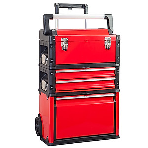 BIG RED Stackable Portable Metal Tool Box Organizer with Wheels and 2 Drawers, Rolling Upright Trolley Tool Chest for Garage or Workshop,Red,ATRJF-C305ABDR