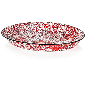 Red Co. Oven Safe Enamelware Metal Classic 16.5” Serving Oval Tray Platter, Red Marble/Black Rim – Splatter Design