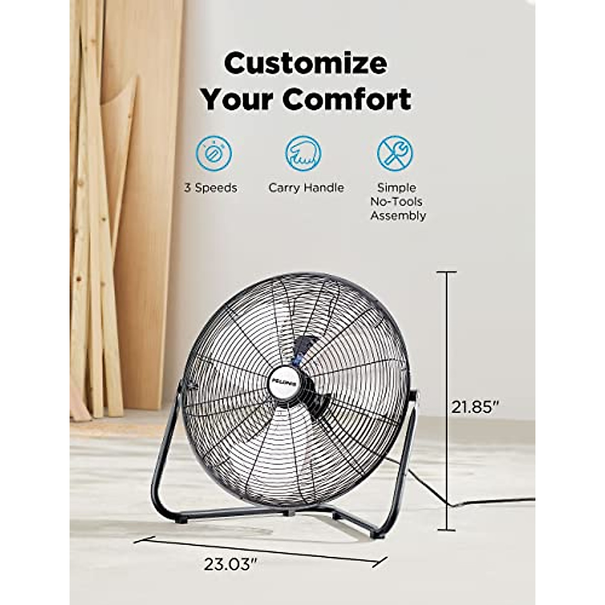 Pelonis Fan 20 Inch Floor Fan | Heavy Duty All Metal High Velocity Floor Fan with 3-Speeds| Adjustable Tilting Head | Quickmount Bracket for Home, Industrial, and Commercial Use