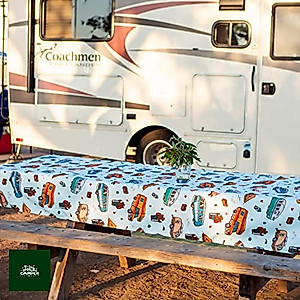 Jolly Camper Vintage Style Camping Tablecloth, Picnic Tablecloth, Fits 4ft to 8ft Picnic Tables, Polyester, Washable & Reusable, Spill & Stain Resistant, Water Repellent, Table Cloth for Picnic Table