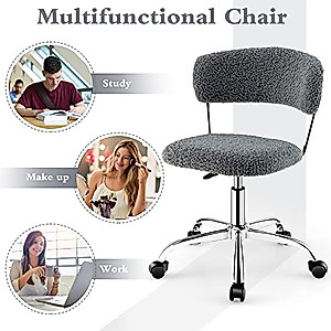 Giantex Home Office Chair, Faux Fur Low Back Swivel Leisure Chair w/Height Adjustable Padded Seat, Rolling Armless Vanity Chair w/Galvanized Steel Frame for Bedroom Study Guest Room, Gray