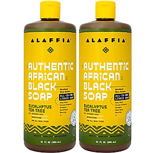 Alaffia Skin Care, Authentic African Black Soap, All in One Liquid Soap, Acne Face Wash, Moisturizing Body Wash, Shampoo, Shaving Soap, Shea Butter, Eucalyptus Tea Tree (2 Pack - 32 Fl Oz Ea)