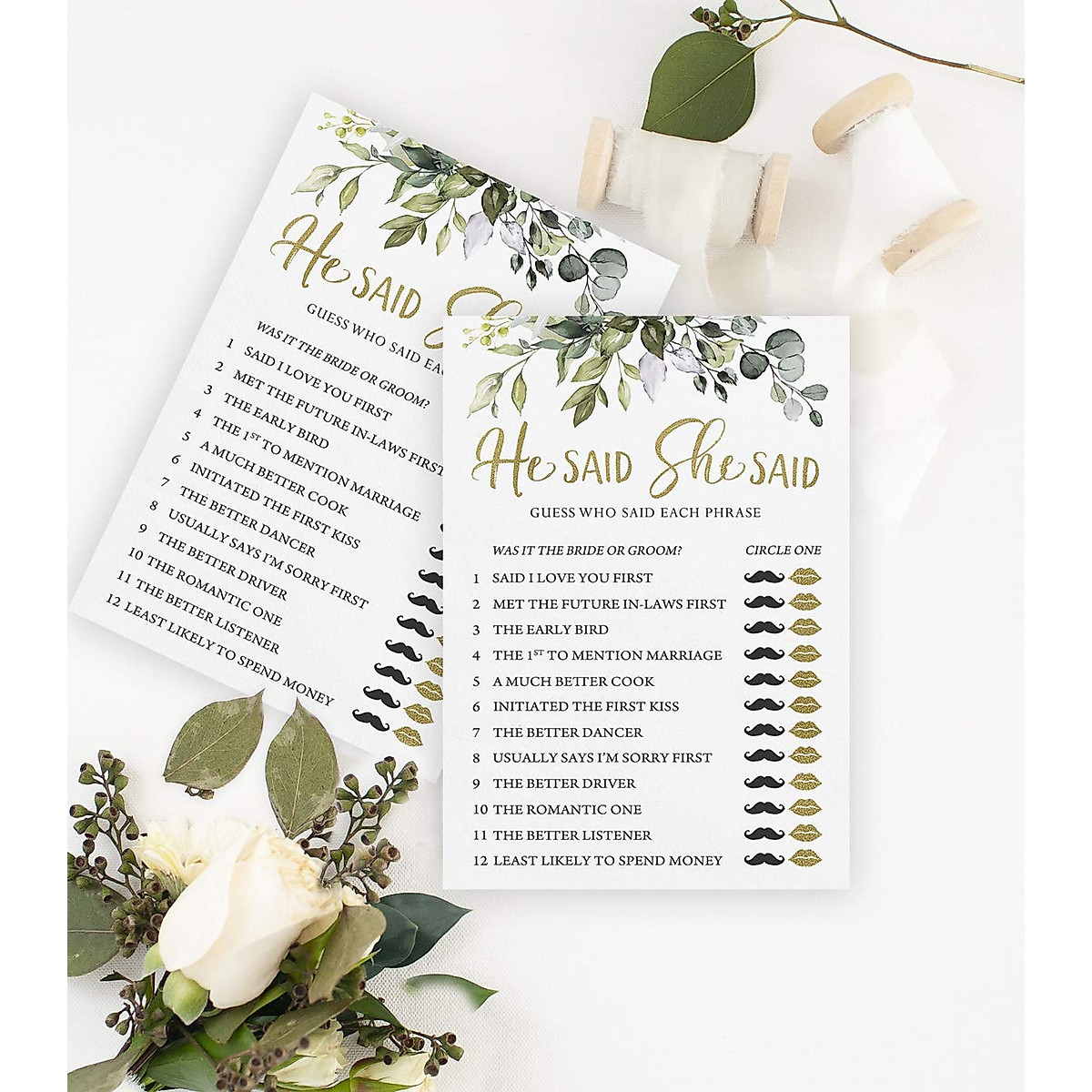 Printed Party Bridal Shower Games – He Said She Said Game with Fun Bride and Groom Trivia, Wedding Shower Activity, Botanical Eucalyptus Theme, 50 Guests