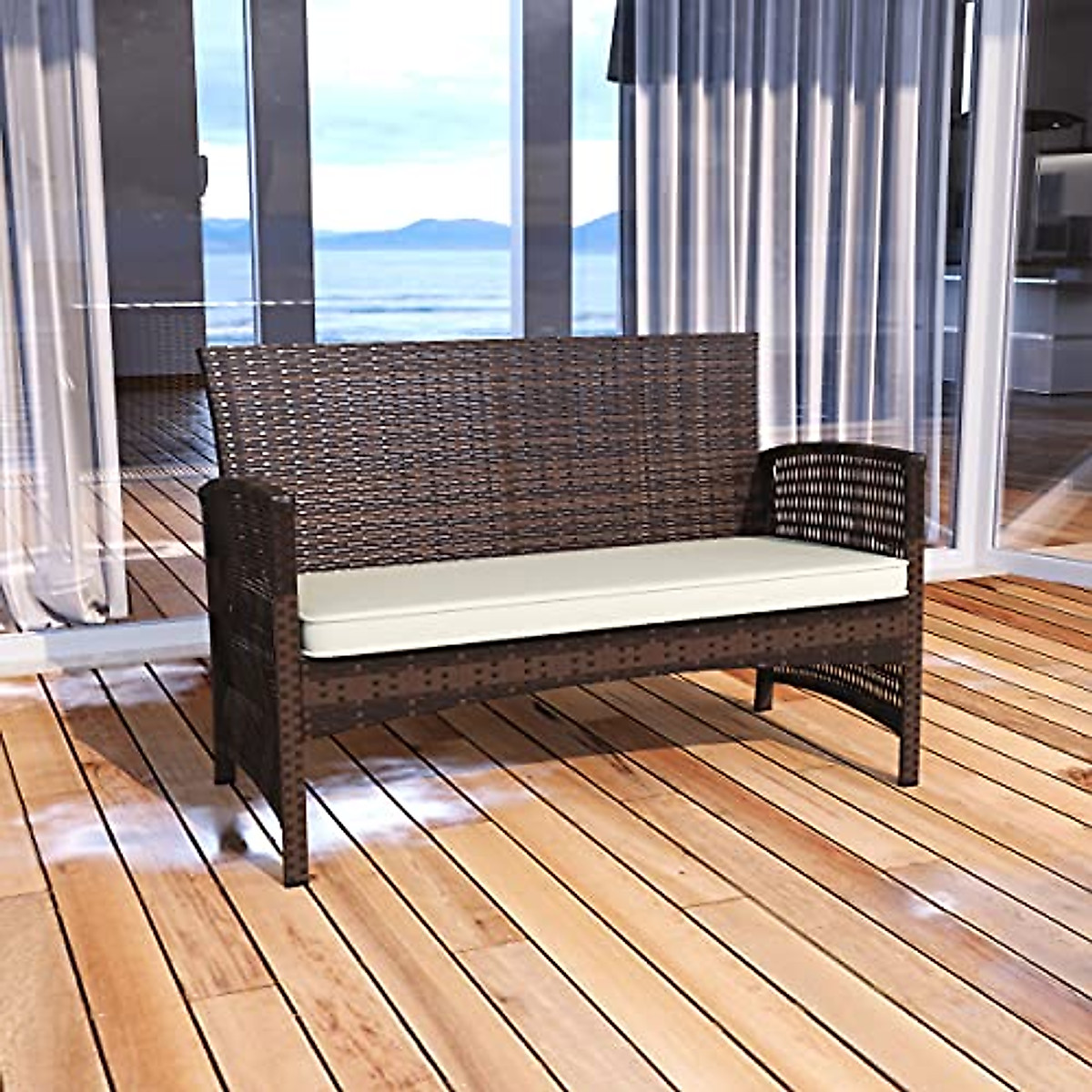 IDS Online MLM-16403-W 1 Loveseat 2 Single Chairs Cushion, Leisure Glass Top Coffee Table for Garden Lawn Poolside Backyard 4 Piece Rattan Pattio Outdoor Furniture Wicker Conversation Set, Brown-White