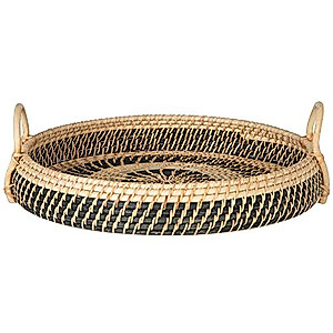 Round Rattan Serving and Breakfast Tray, Natural-Black