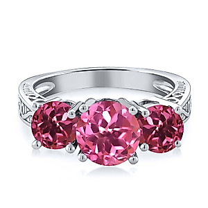 Gem Stone King 925 Sterling Silver Pink Mystic Topaz and Tourmaline 3-Stone Ring For Women (2.30 Cttw, Gemstone Birthstone, Available in size 5, 6, 7, 8, 9)