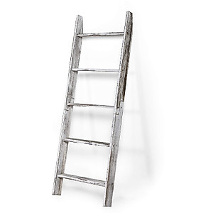 Afaris Gray Washed Wood Decorative Ladder Shelf, 4.5 Foot Wall Leaning Wooden Towel Blanket Ladder Storage Rack for Bathroom or Living Room