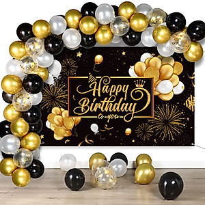 Tatuo Black and Gold Birthday Party Decorations 50 Pieces Gold Black Balloon Arch Garland Kit Happy Birthday Backdrop Banner Decorations for Kids Men Women Party Supplies Decor