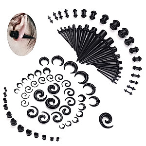 Magitaco 84 PCS Ear Stretching Kit Ear Gauges Expander Set Acrylic Tapers and Plugs Silicone Tunnels Horseshoes Taper Spiral Tapers Gauges for Ears Black
