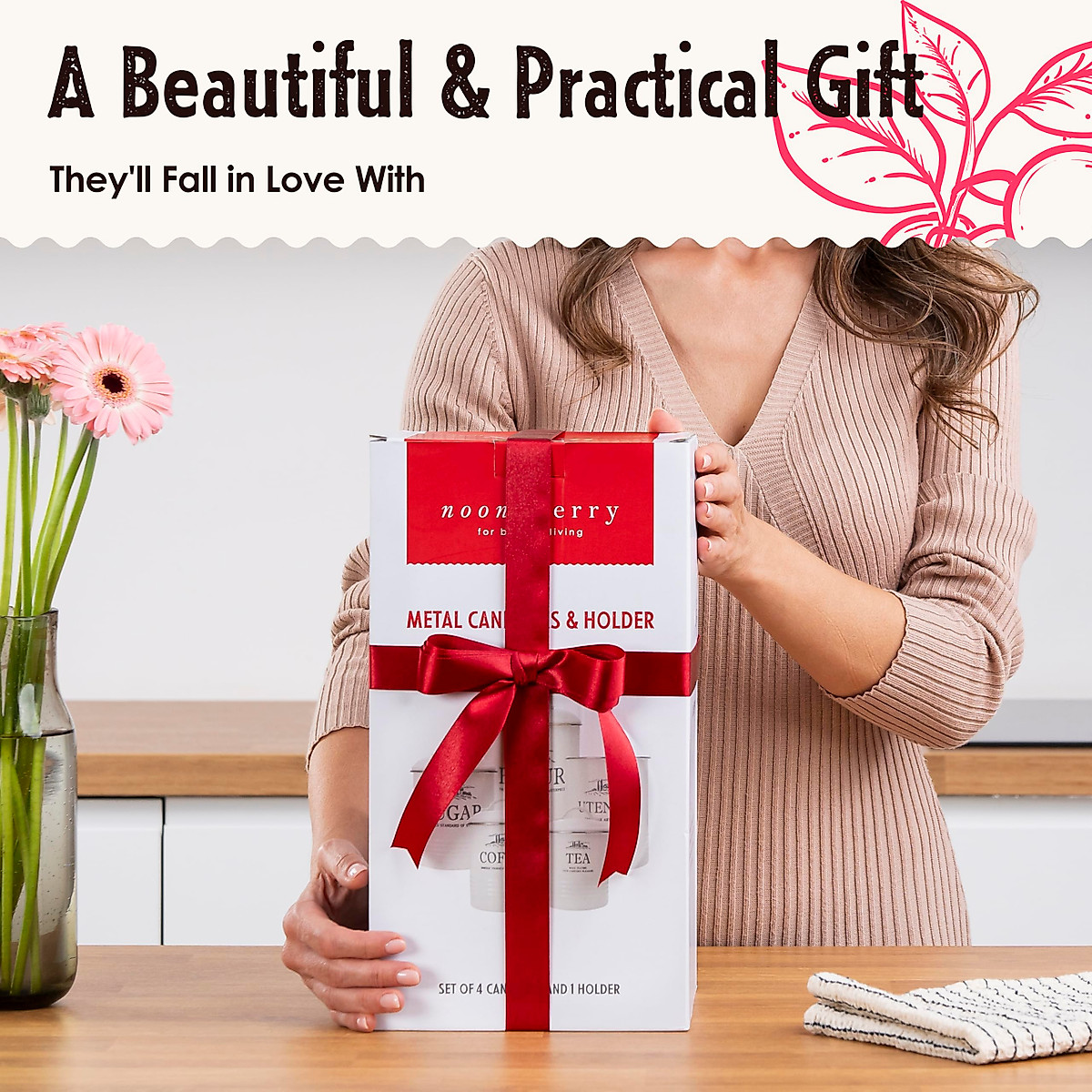 noonberry Set of 5 Canisters for Kitchen Counter, White Containers, Airtight Coffee Tea Flour Sugar Canisters Set & Utensil Holder for the Kitchen Countertop